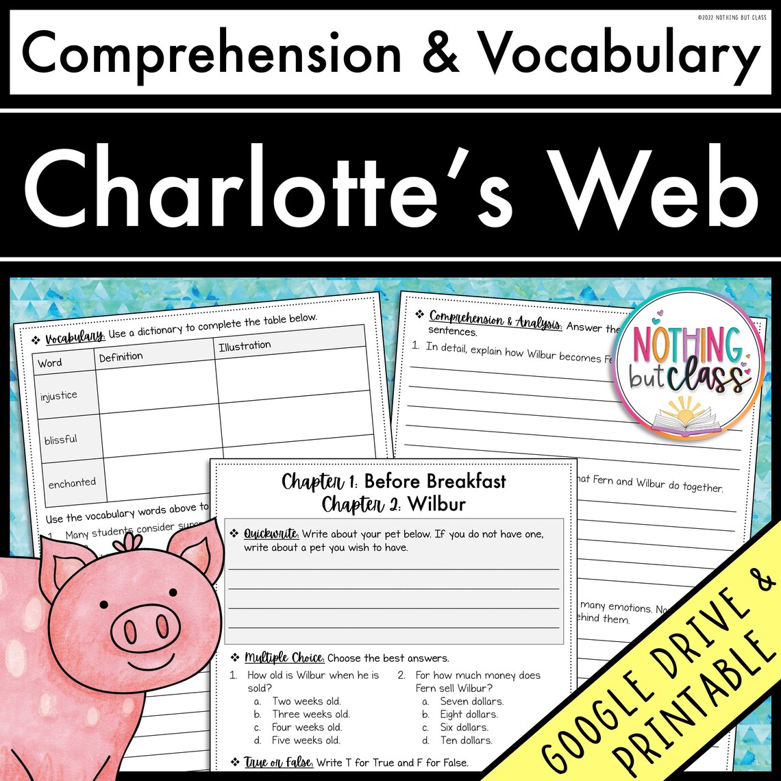 Charlotte's Web Comprehension and Vocabulary by Chapter Guided Reading ...