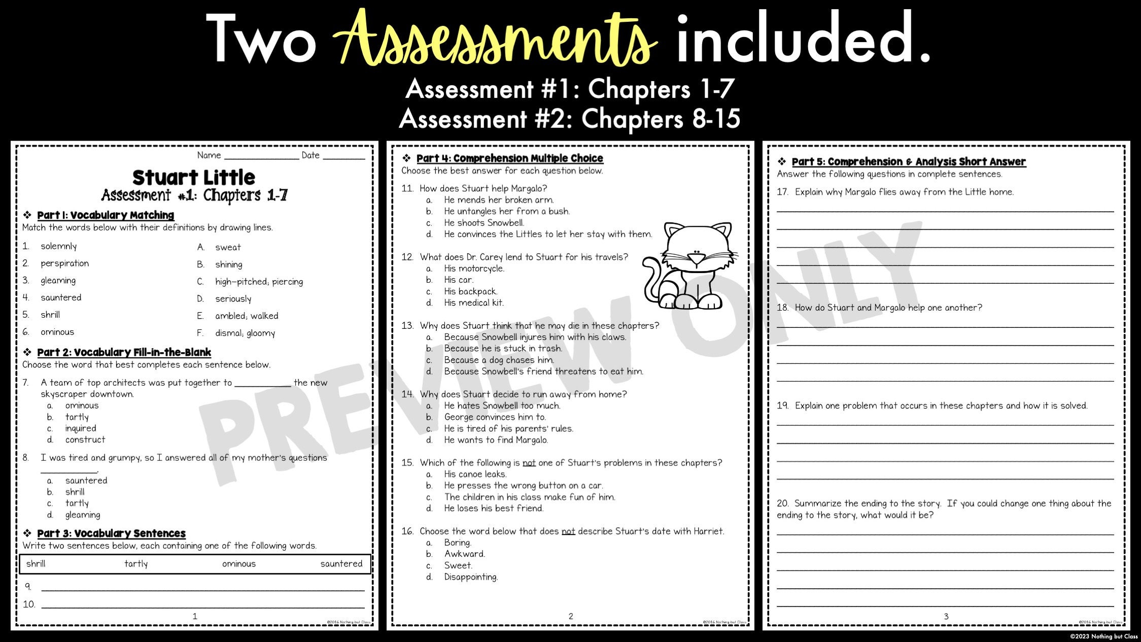 Stuart Little Novel Study Unit Literature Guide Comprehension ...