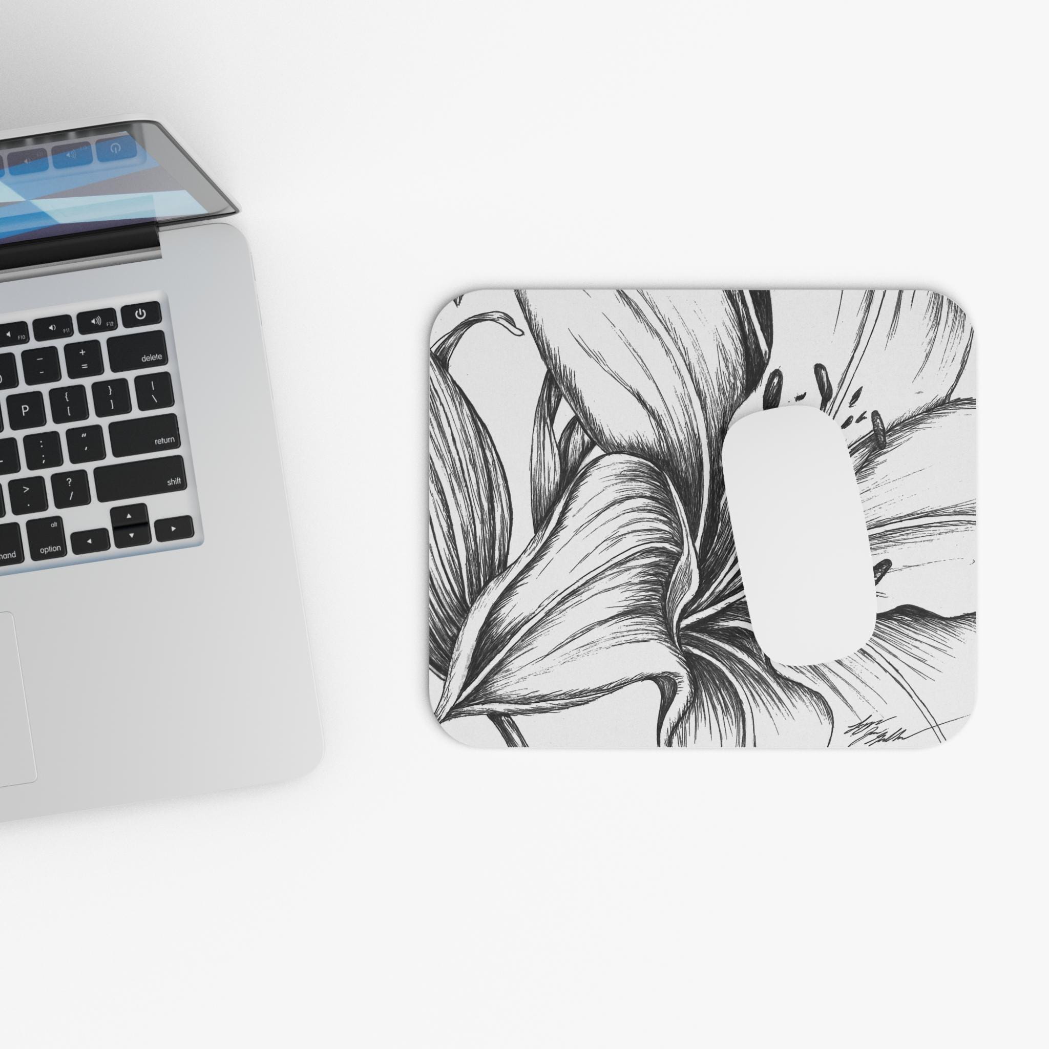Black and White Lily Sketch Mouse Pad | Floral Illustration Desk Mat - Etsy