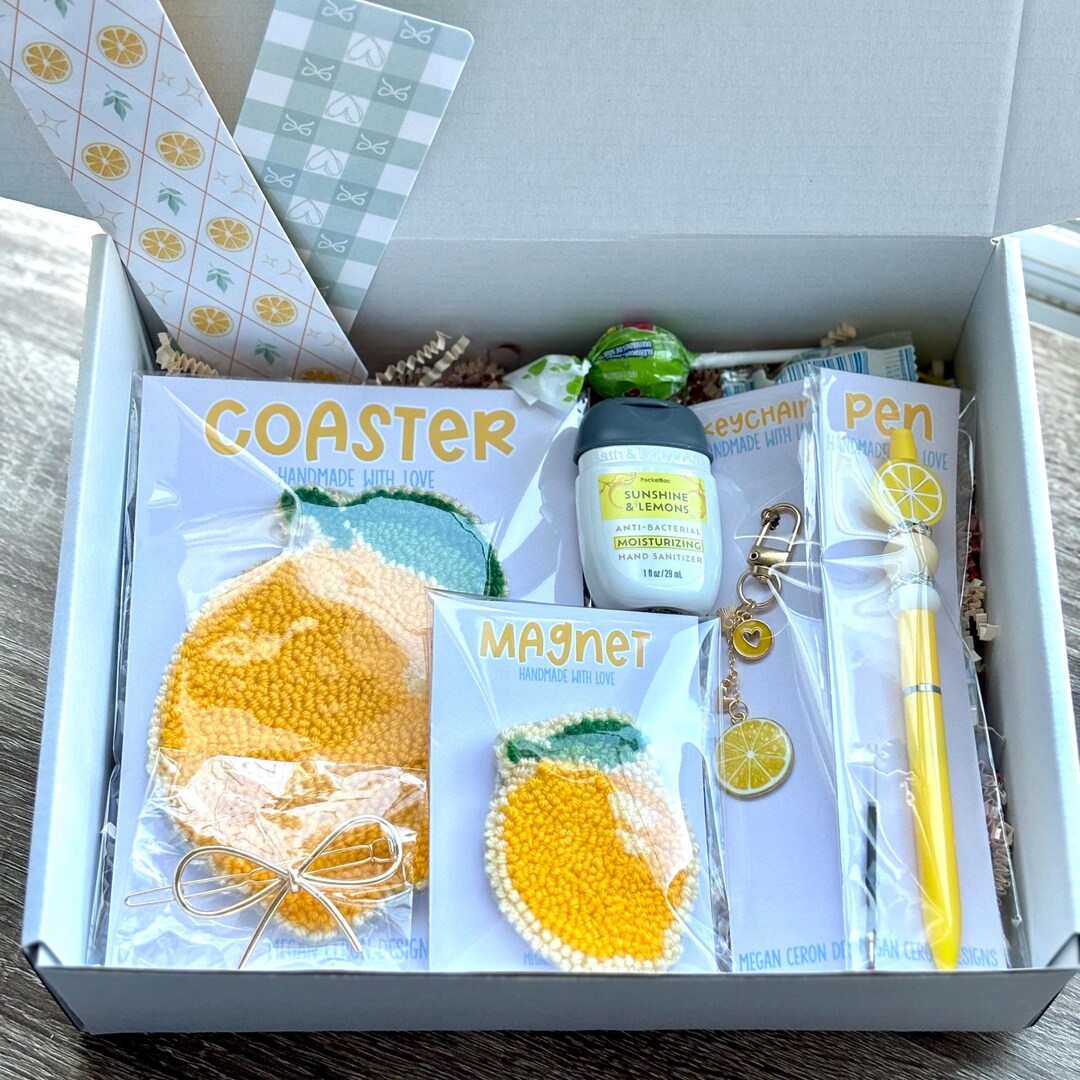 Lemon Themed Gift Box With Beaded Pen, Coaster or Mug Rug, Punch Needle ...