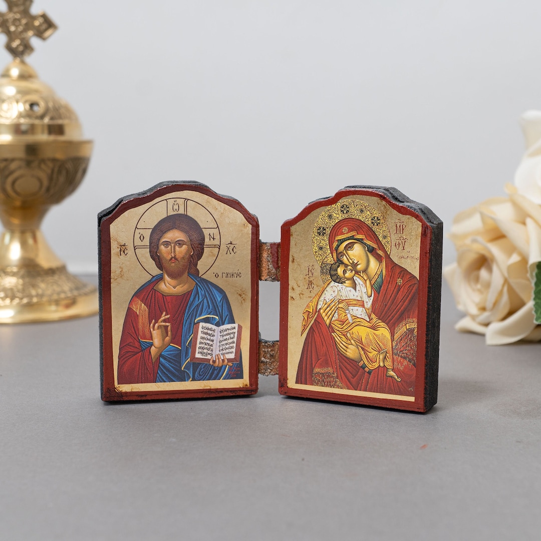 Diptych Christian Icon of Jesus Christ (blessing) and Virgin Mary ...