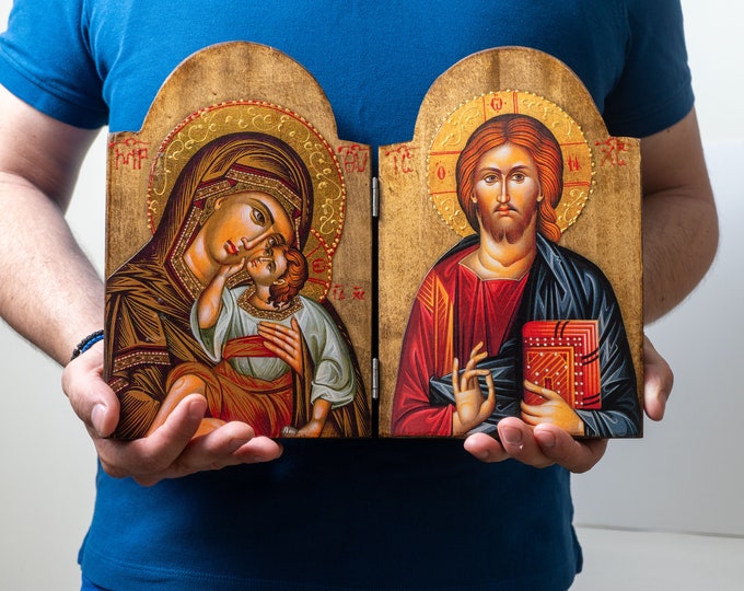 Big Wooden Diptych With the Icons of Jesus Christ and Holy Theotokos in ...