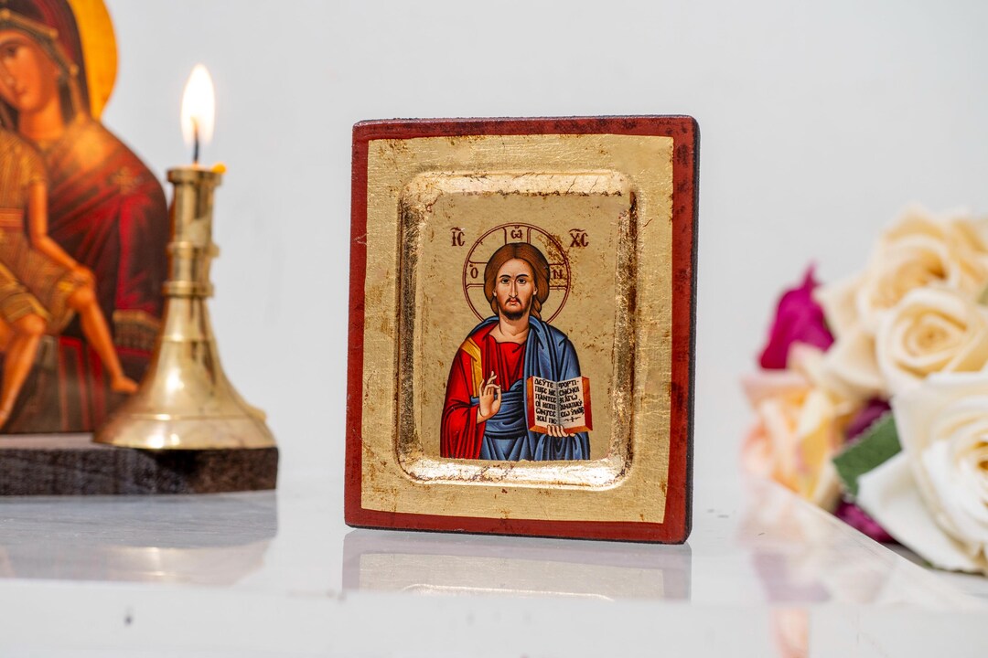 Jesus Christ Icon the Blessing in Small Wooden Handmade Icon Aging ...