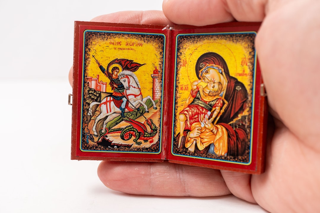 Diptych Icon With Saint George and Virgin Mary Looks Like a Small ...