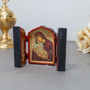 Triptych Christian Icon of Virgin Mary and Archangels With Aging Technique on a Gold Leaf With ...