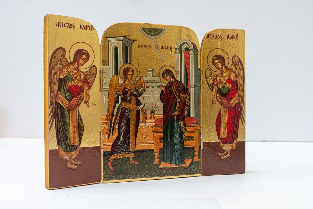 Byzantine Orthodox Wooden Carved Triptych Depicting the Annunciation of ...