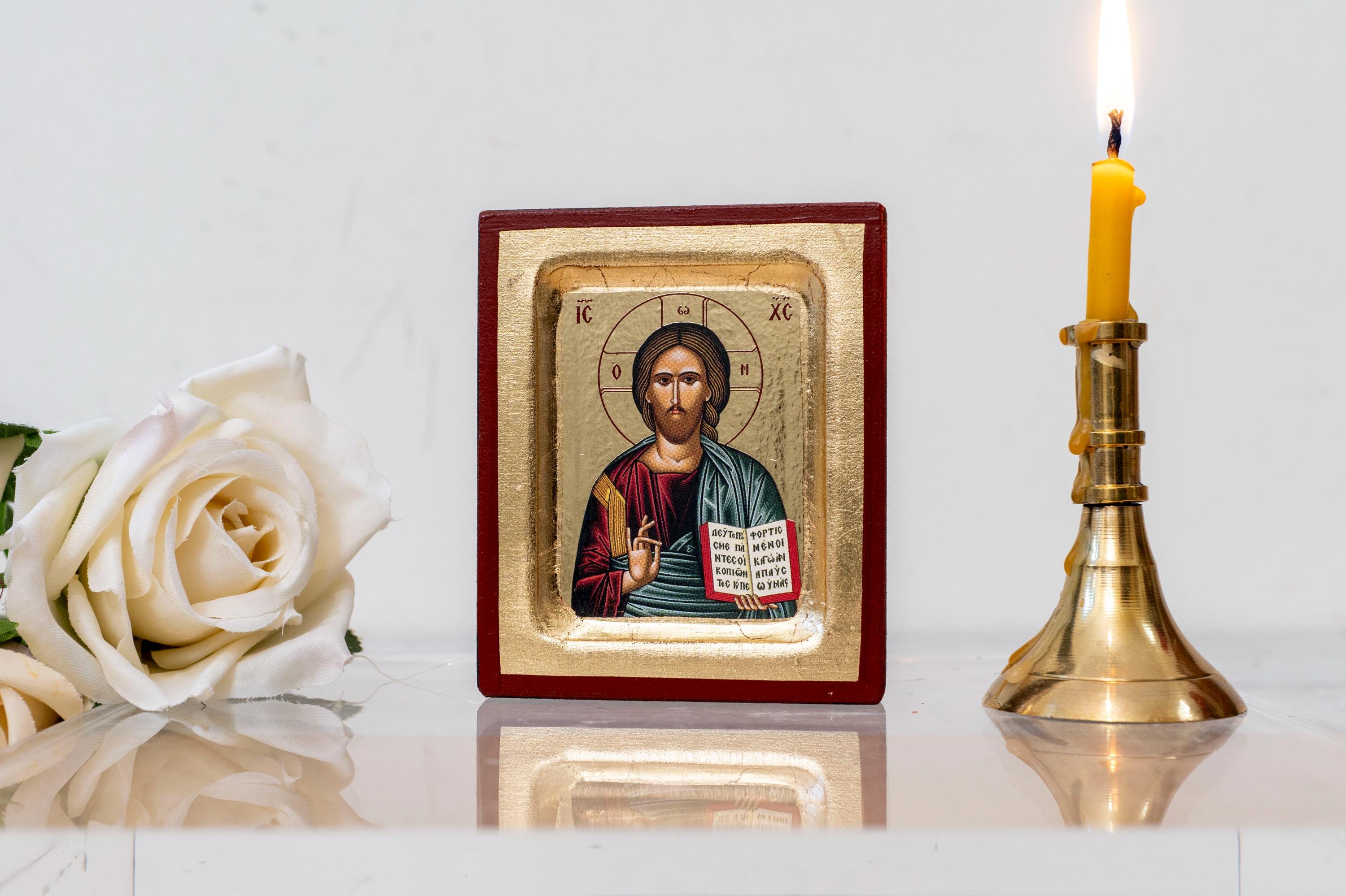 Jesus Christ the Blessing (Ο Ευλογων) in Small Wooden Icon Aging ...