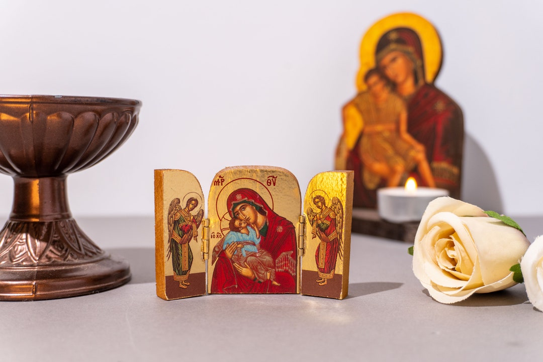 Miniature Carved Wood Triptych Icons With Virgin Mary Sweet Kiss and ...