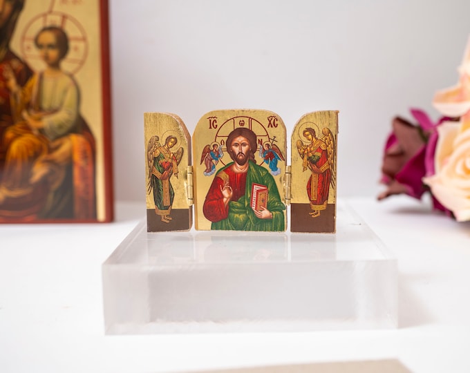 Miniature Carved Wood Triptych Icons With Jesus Christ (the Protector ...
