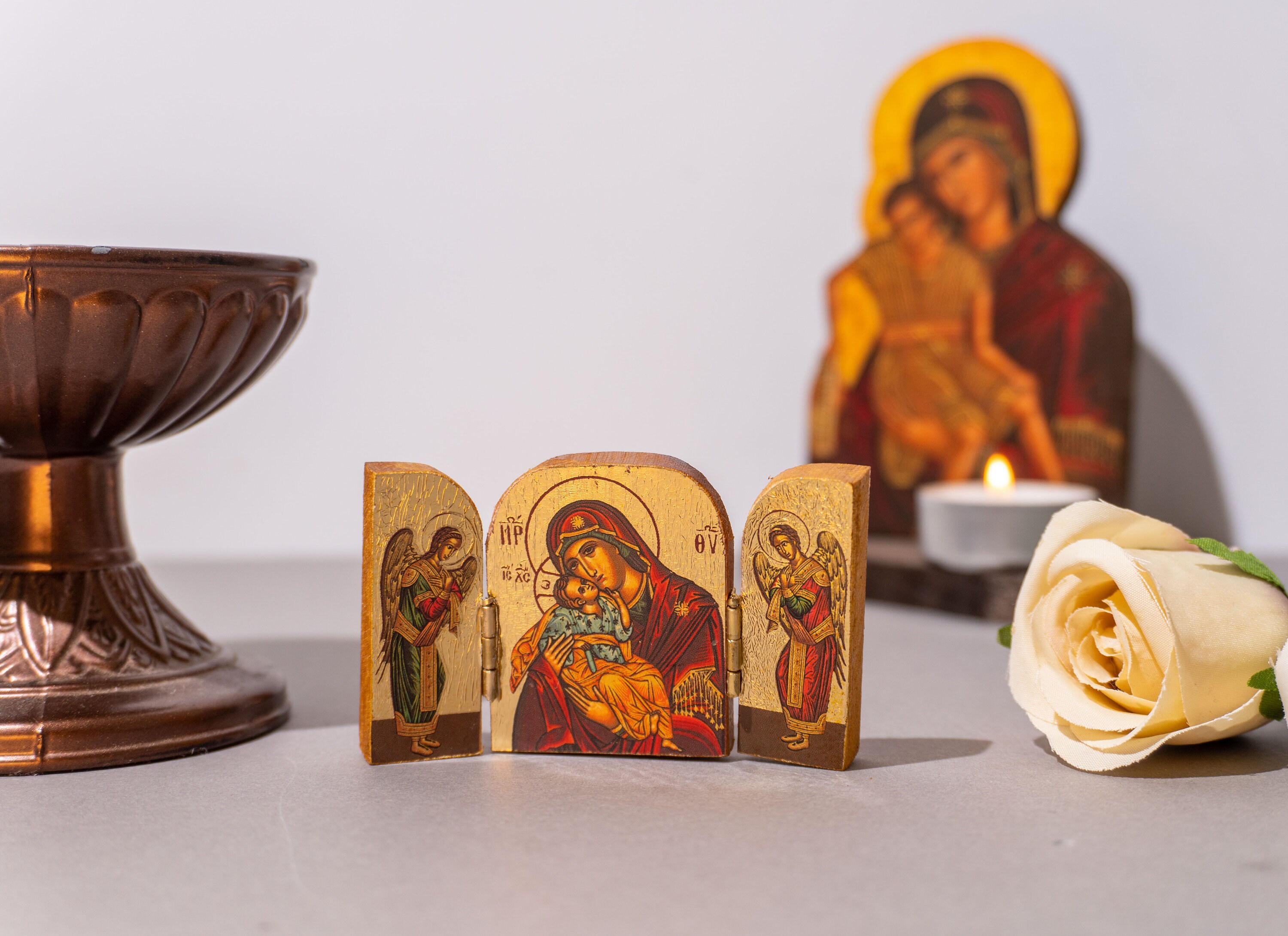 Miniature Carved Wood Triptych Icons With Virgin Mary Sweet Kiss and ...