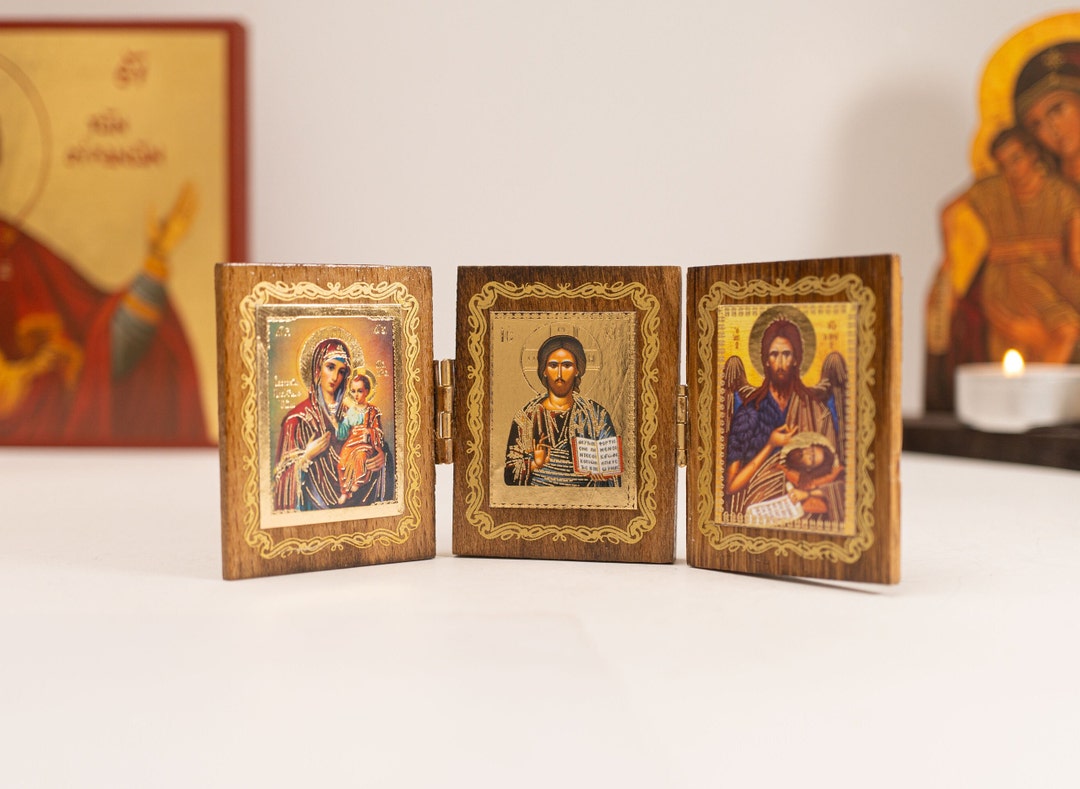 Small Wooden Triptych Icon Jesus Christ, Virgin Mary, and Saint John ...