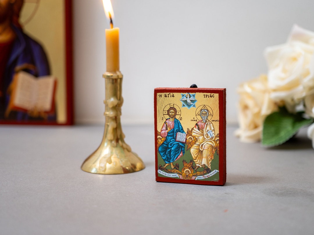 Small Wooden Christian Icon With Holy Trinity, Agia Trias , Byzantine ...