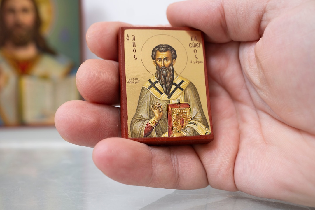 Small Wooden Christian Icon With Saint Vasilios ,st Basil the Great and ...