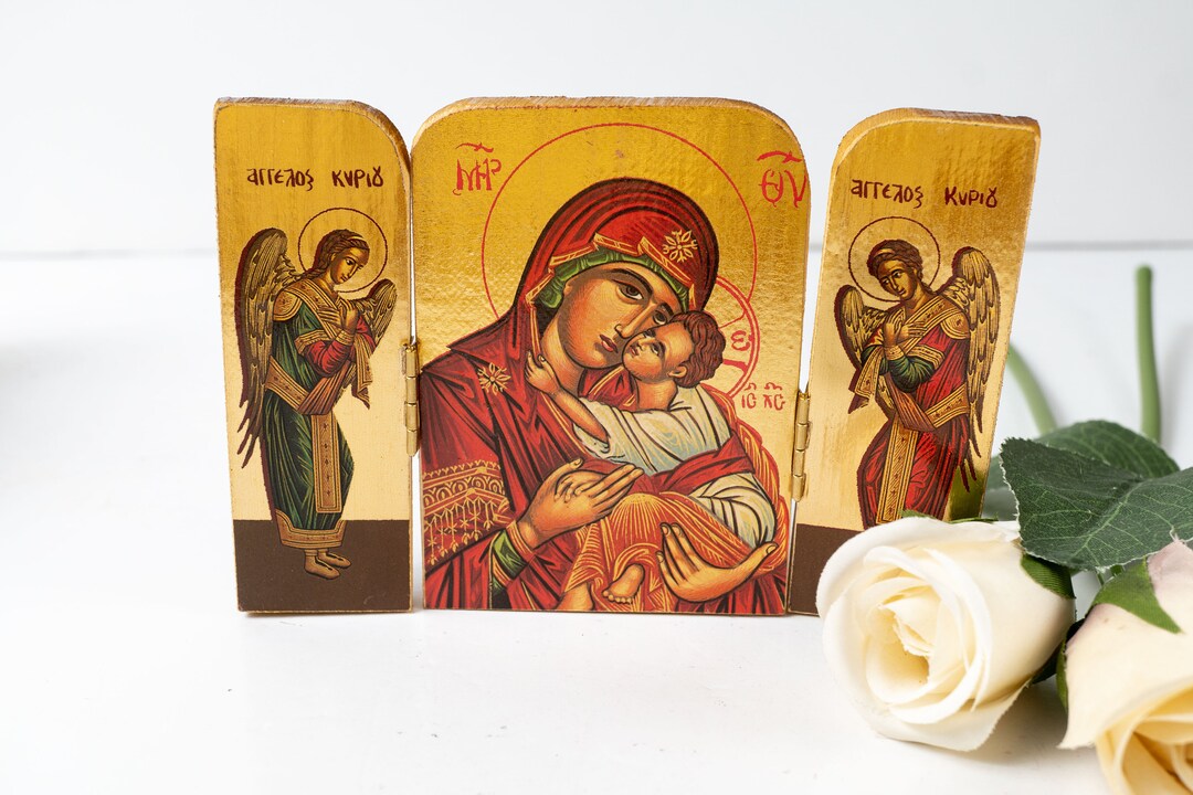 Wooden Triptych Icon With Virgin Mary and Angels, Greek Orthodox Icon ...
