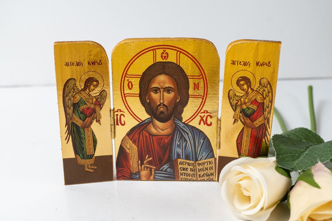 Wooden Triptych Icon of Jesus Christ and Angels, Greek Orthodox Icon Triptych, Home Decor. - Etsy UK