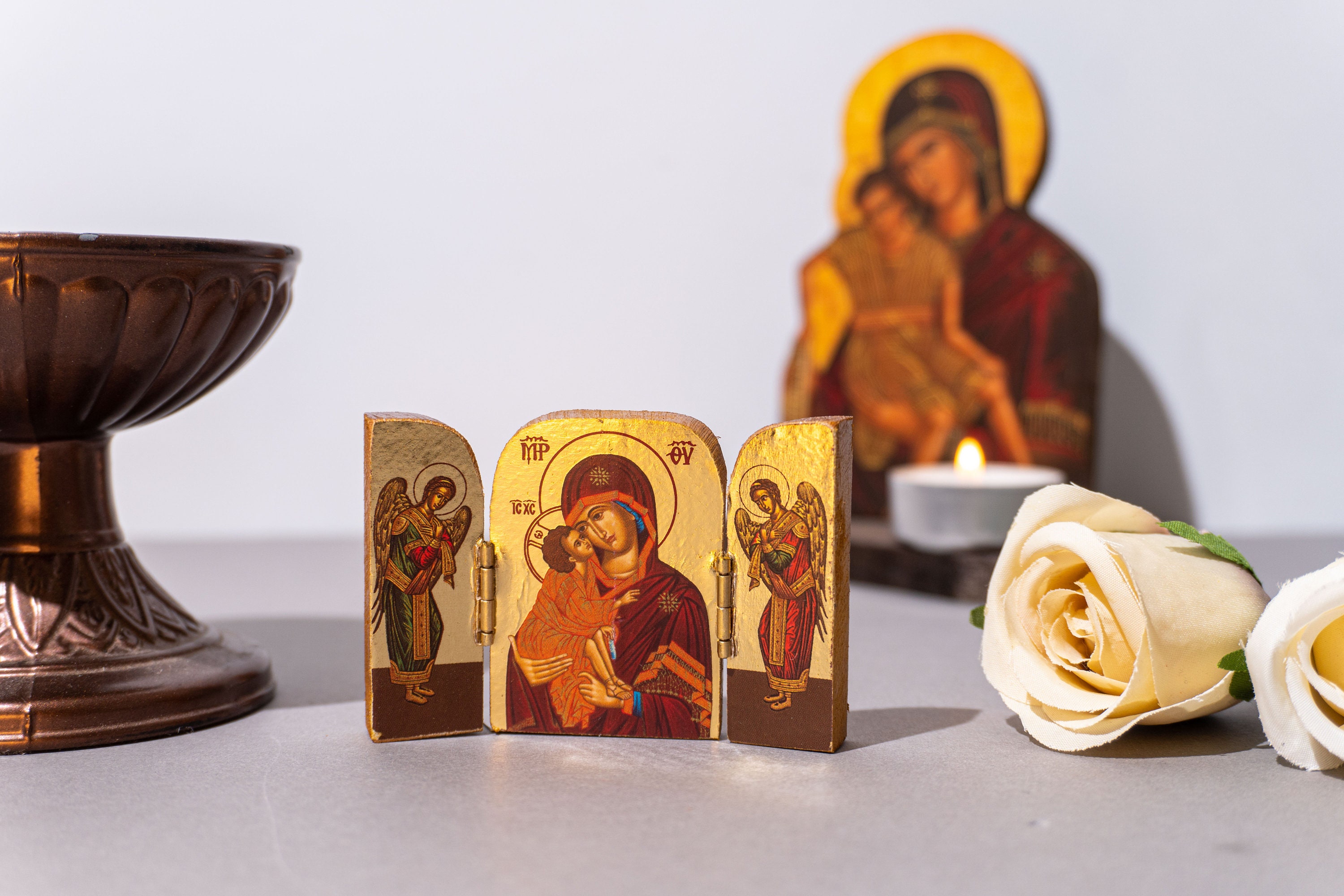Miniature Carved Wood Triptych Icons With Virgin Mary in Many - Etsy