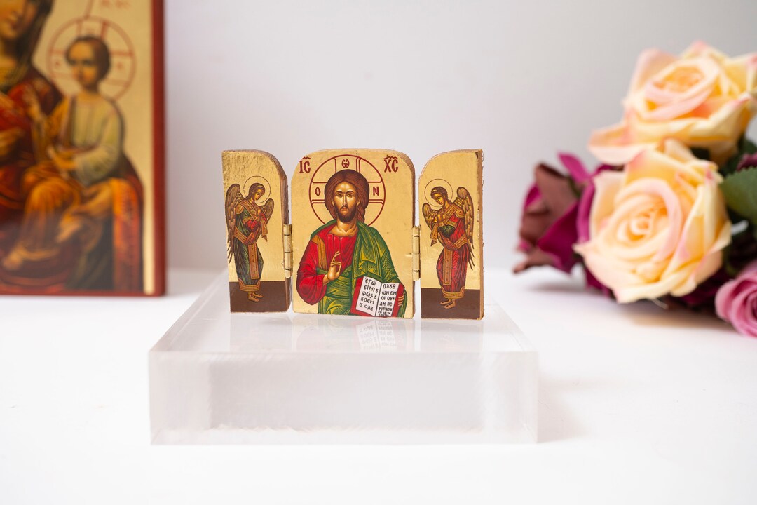 Miniature Carved Wood Triptych Icons With Jesus Christ (the Life Giver - Ο ΖΩΟΔΟΤΗΣ), Greek ...