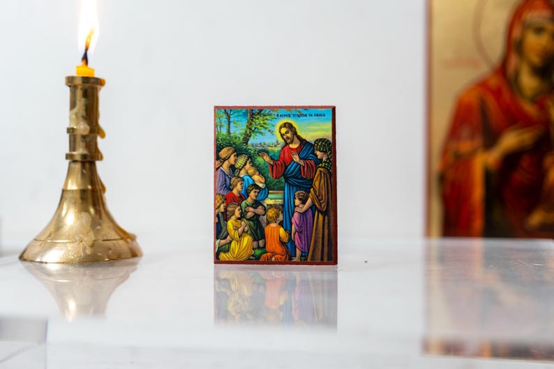 Small Wooden Rare Christian Icon With Jesus Christ Blessed the Children ...