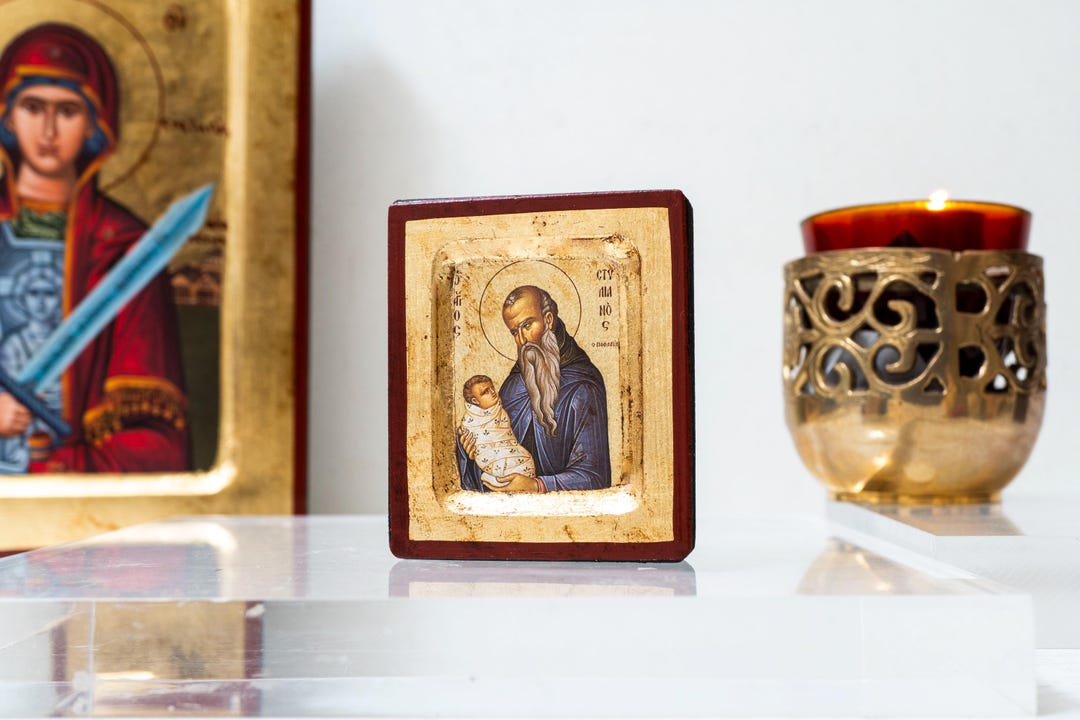 Saint Stylianos (Αγιος Στυλιανος) in Small Wooden Handmade Icon Aging ...