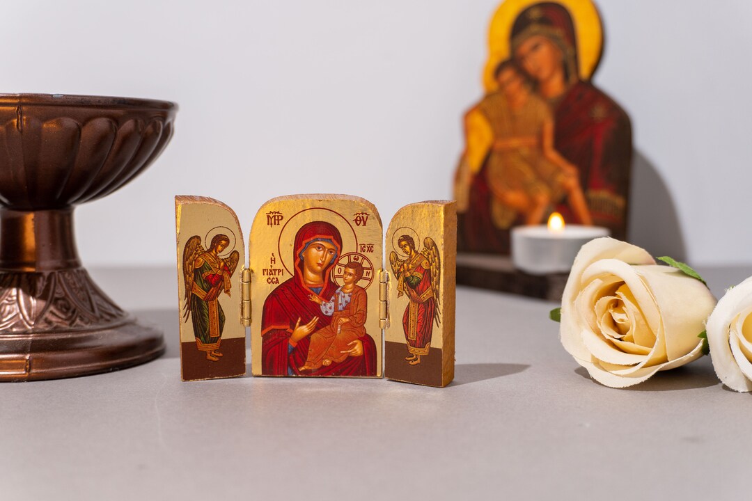 Miniature Carved Wood Triptych Icons With Virgin Mary in Many Themes ...