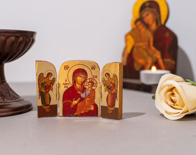 Miniature Carved Wood Triptych Icons With Virgin Mary in Many Themes ...