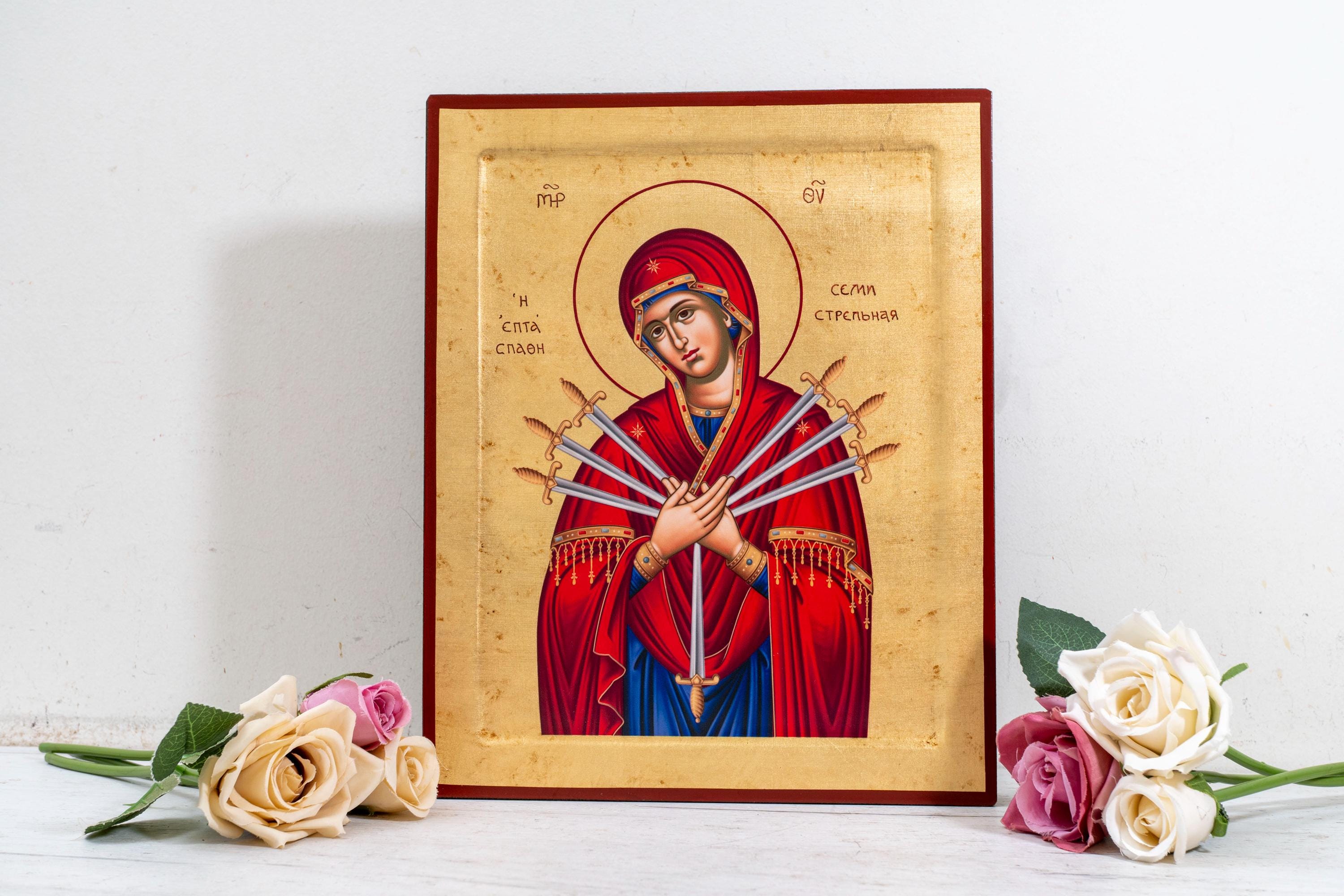 Large Virgin Mary of Seven Swords Handmade Christian Icon on Gold Leaf ...