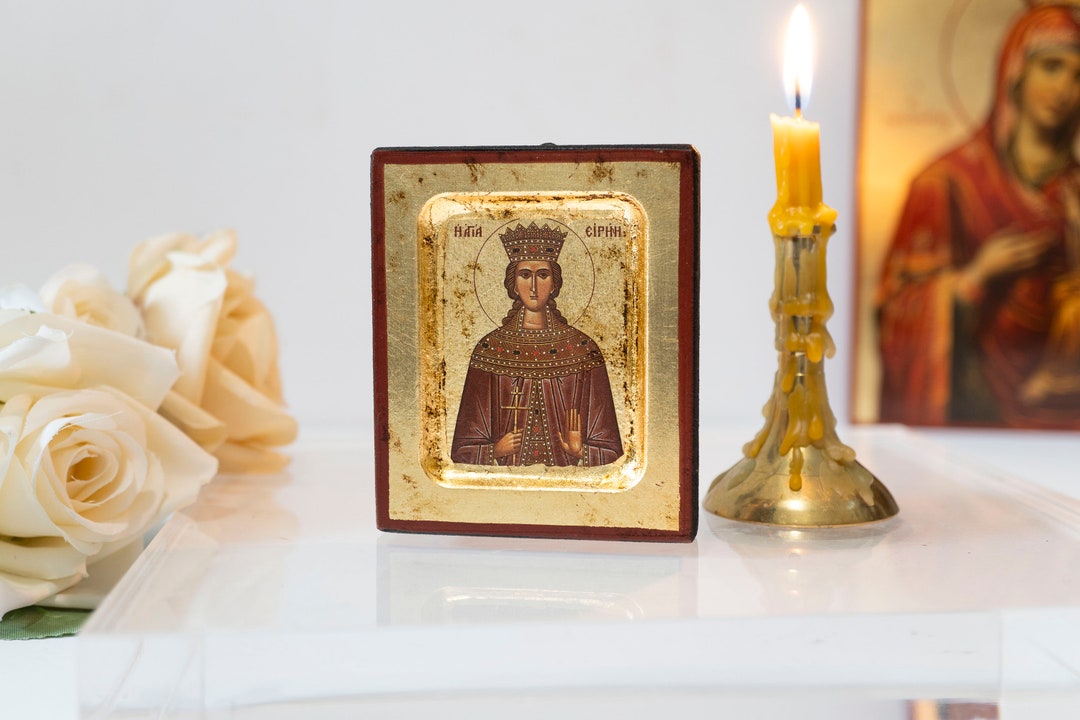 Saint Eirini, Saint Irene in Small Wooden Icon With Aging Technique in ...