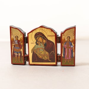 Triptych Christian Icon of Virgin Mary and Archangels With Aging Technique on a Gold Leaf With ...