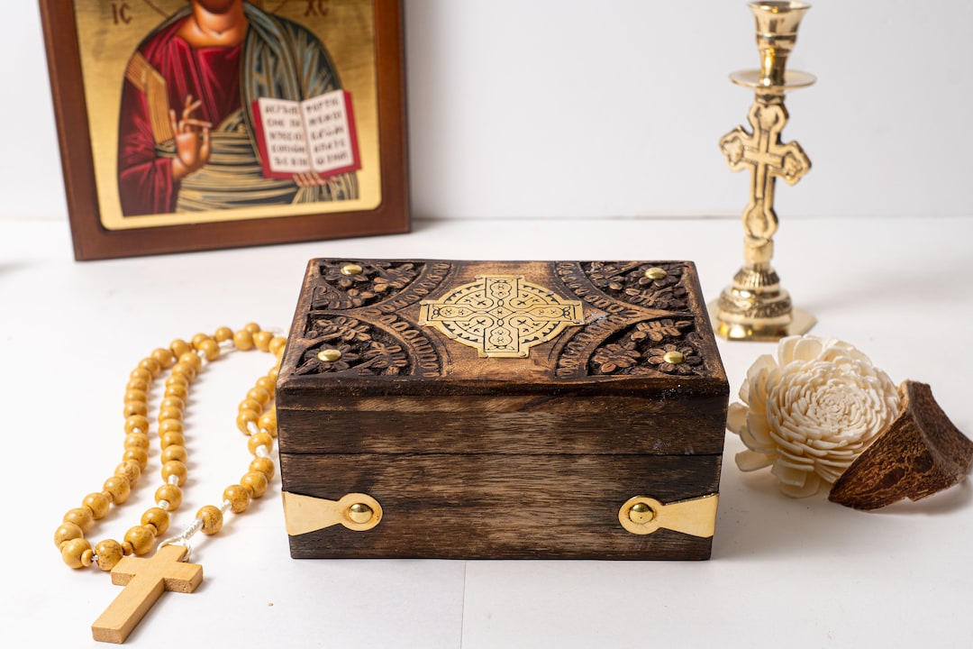 Christian Handmade Carved Wooden Box With Brass Cross and Elements A ...