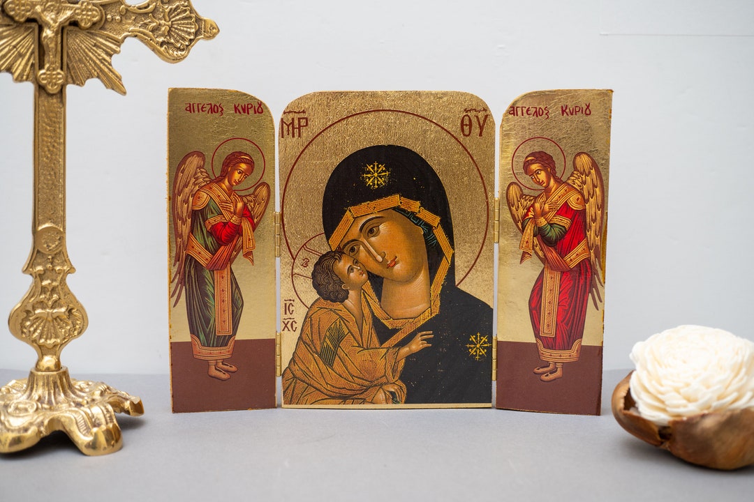 Byzantine Orthodox Wooden Carved Triptych With Virgin Mary Icon Panagia ...