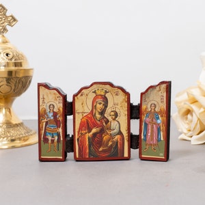 Triptych Christian Icon of Virgin Mary (gorgoipikoos) and Archangels With Aging Technique ...