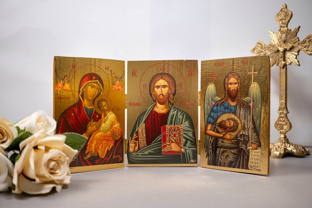 Orthodox Wooden Carved Triptych With Virgin Mary Amolyntos - Jesus ...
