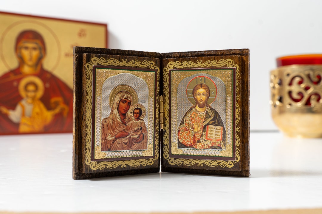 Small Wooden Diptych Icon of Jesus Christ and Holy Theotokos , Greek ...