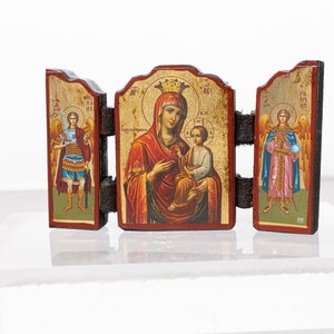 Triptych Christian Icon of Virgin Mary (gorgoipikoos) and Archangels With Aging Technique ...
