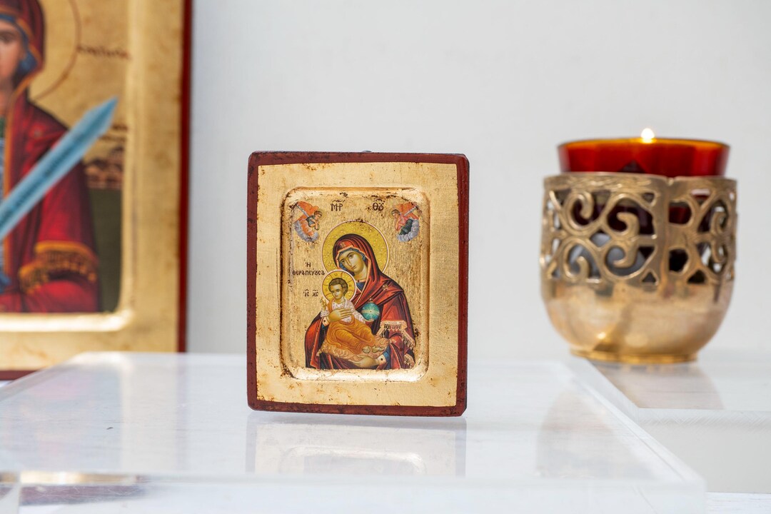 Virgin Mary the Healer in Small Wooden Icon With Aging Technique in ...