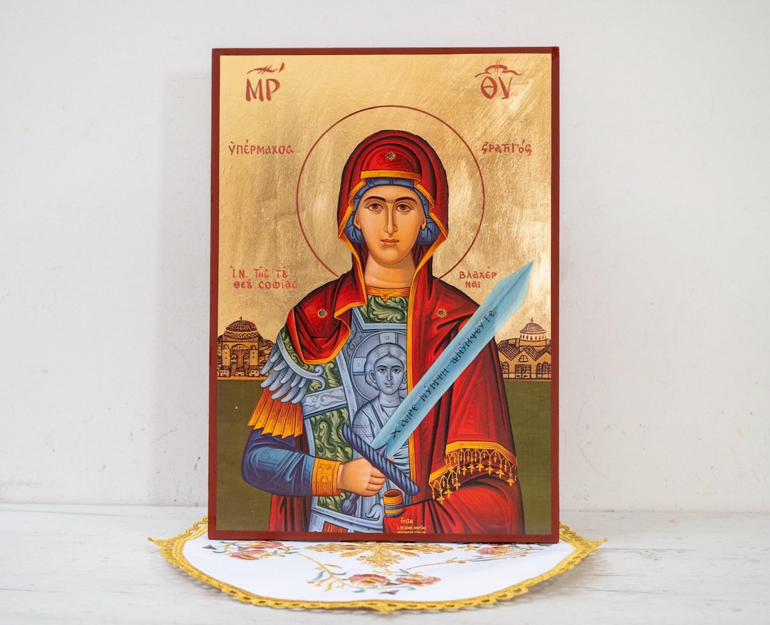 Large Virgin Mary Protector Icon, Panagia Hypermacho , Handcrafted ...