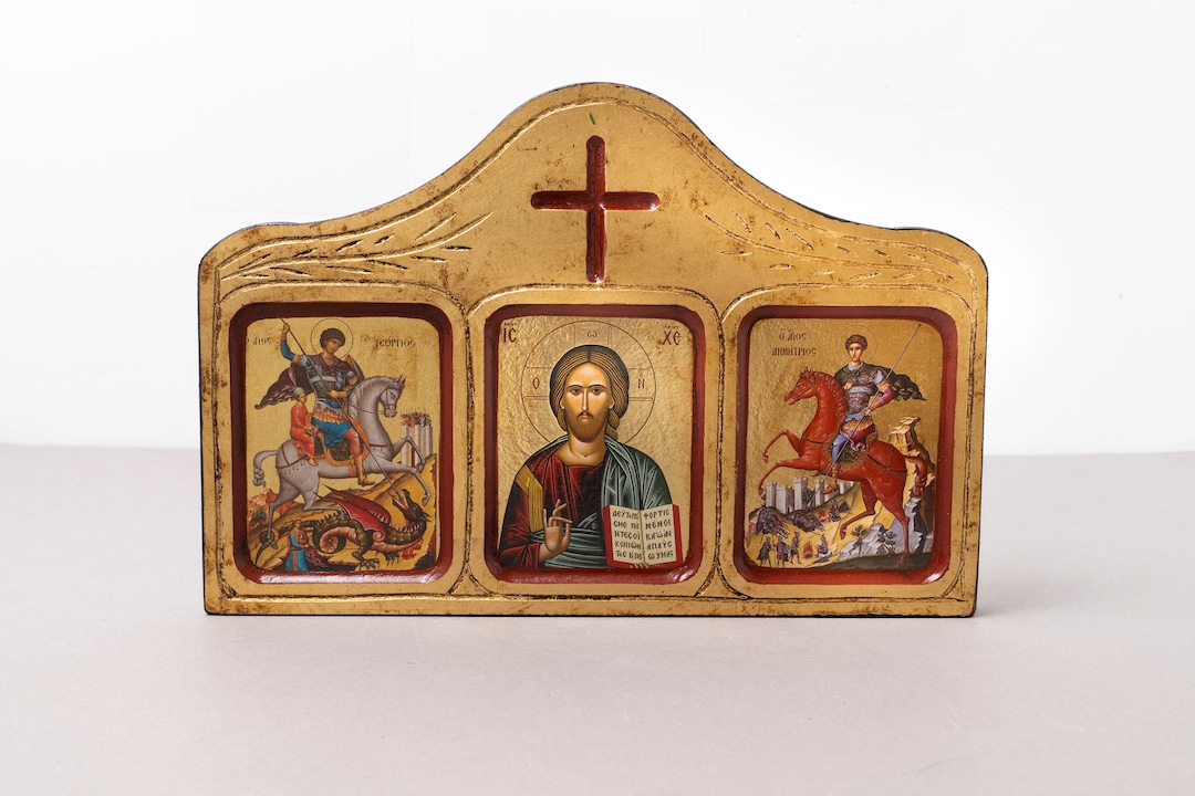 Hand-carved Wooden Triptych Icon: Jesus Christ, Saint George, Saint ...