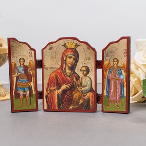 Triptych Christian Icon of Virgin Mary (gorgoipikoos) and Archangels With Aging Technique ...