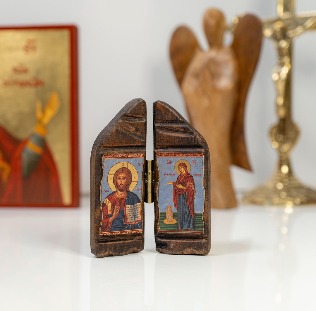Tiny Wooden Diptych Icon of Jesus Christ and Holy Theotokos , Greek ...