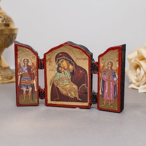 Triptych Christian Icon of Virgin Mary and Archangels With Aging Technique on a Gold Leaf With ...