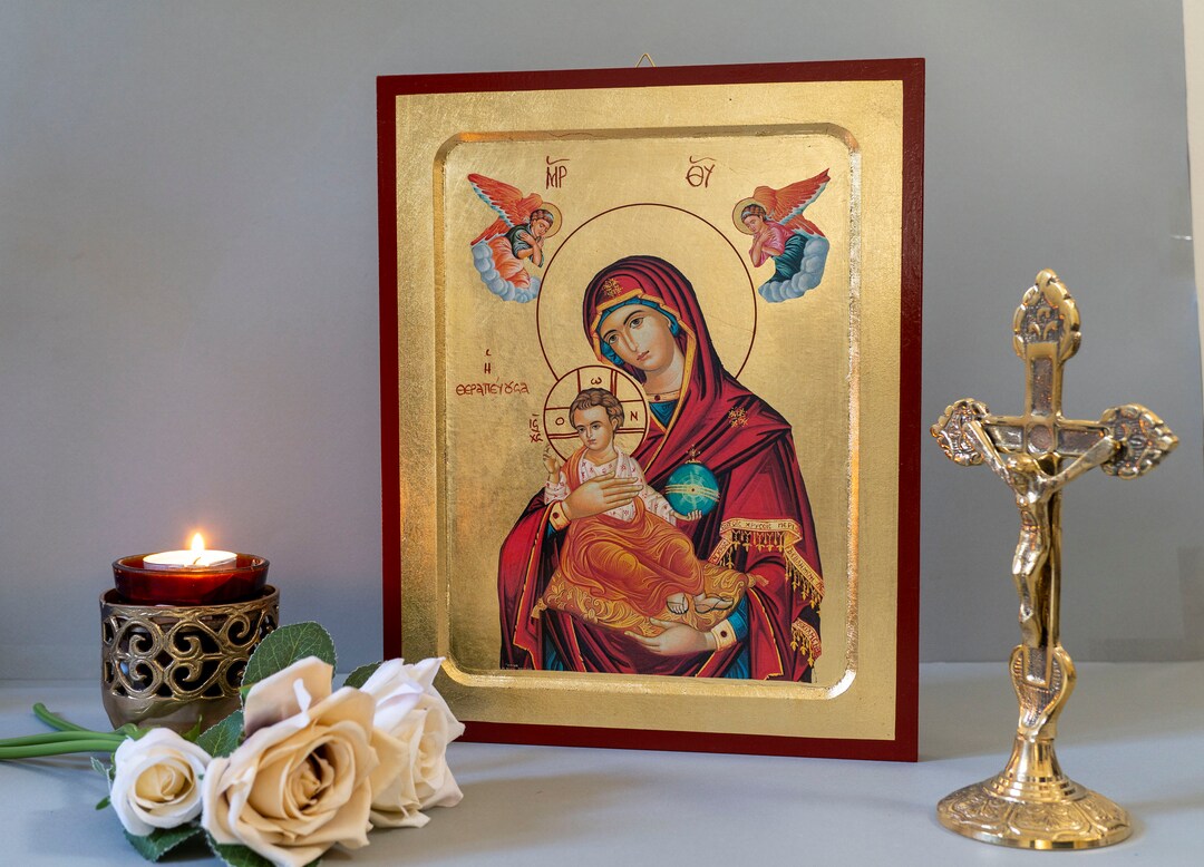 Handmade Greek Christian Icon With the Virgin Mary "the Healer" in GOLD ...