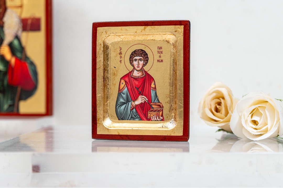 Saint Pantaleon Icon – Small Handmade Wooden Byzantine Art With Gold ...
