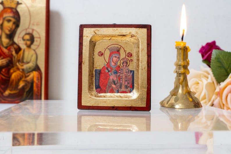 Virgin Mary Icon Theotokos Rose Amaranth in Small Wooden Icon With ...