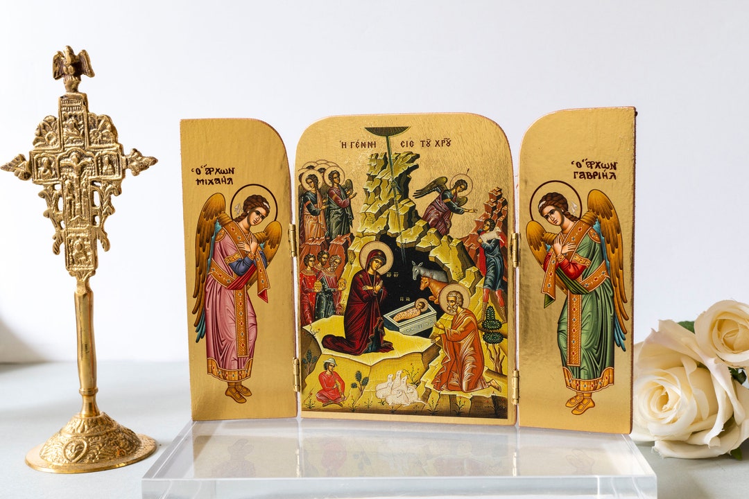 Byzantine Christian Wooden Carved Triptych Depicting the Birth of Jesus Christ and Archangels ...