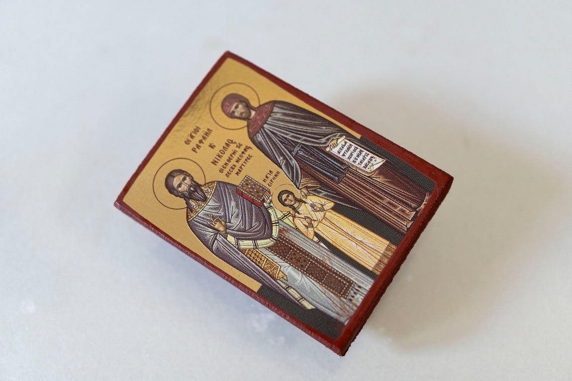 Small Wooden Christian Icon With Saint Rafael Nikolaos and Eirini in ...