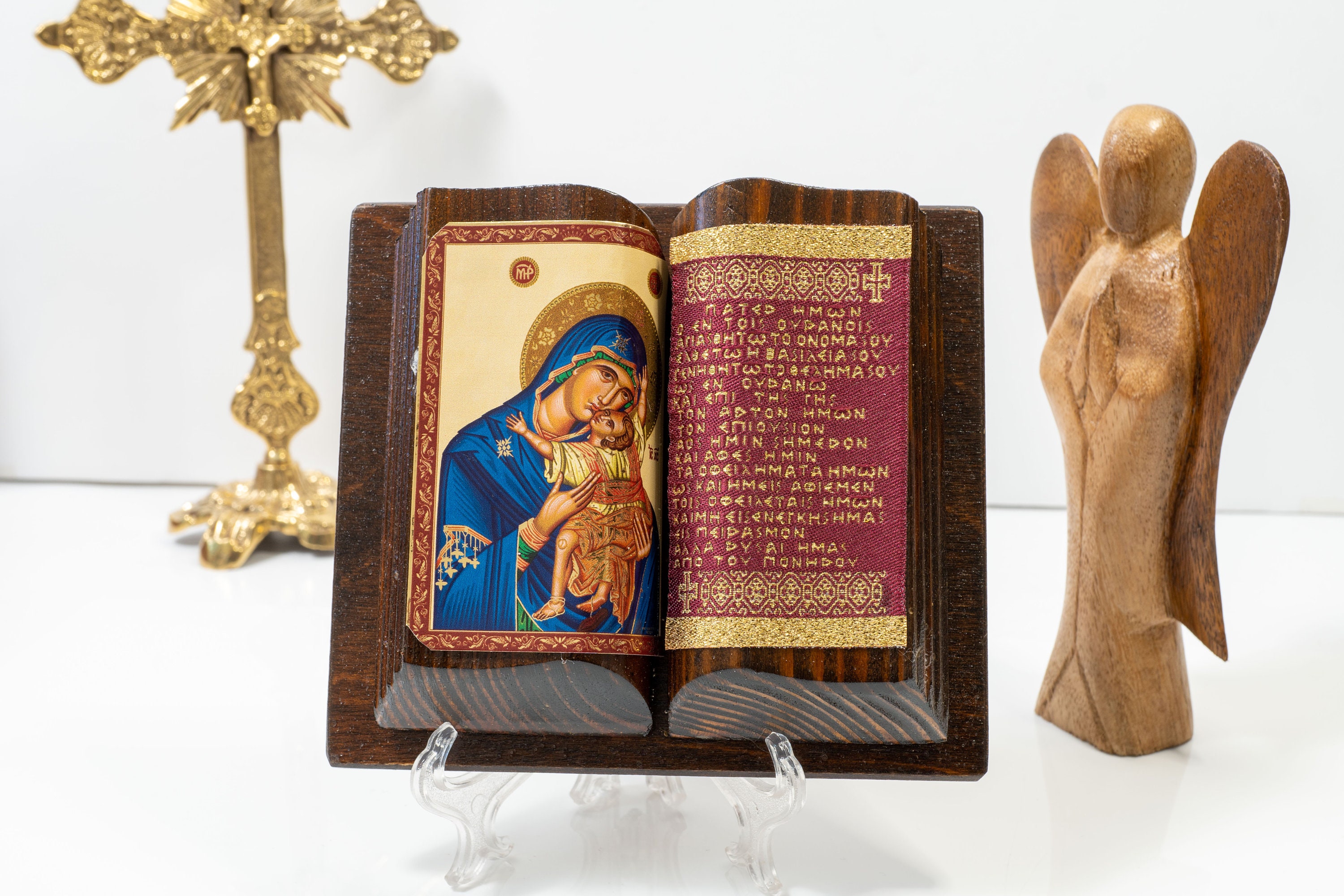 Wooden Diptych With Virgin Mary and Lord's Prayer (Πατερ ημων) , Greek ...