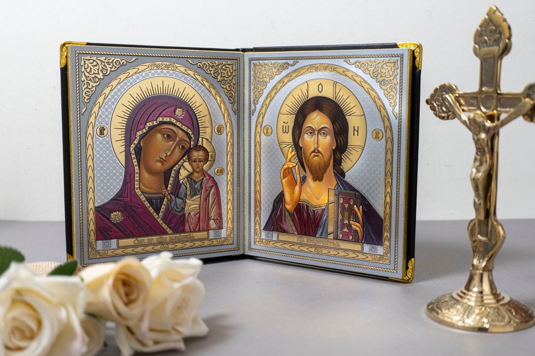 Diptych Icon With Majestic Depiction of Jesus Christ and Holy Theotokos ...