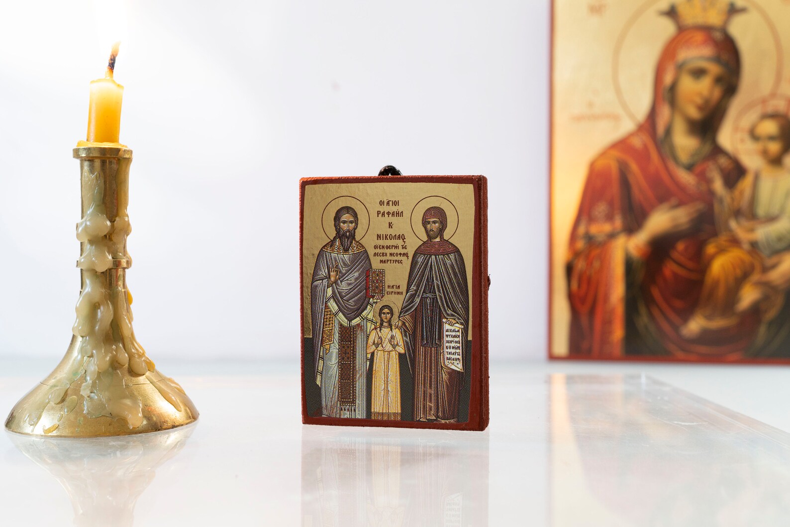 Small Wooden Christian Icon With Saint Rafael Nikolaos and Eirini in ...
