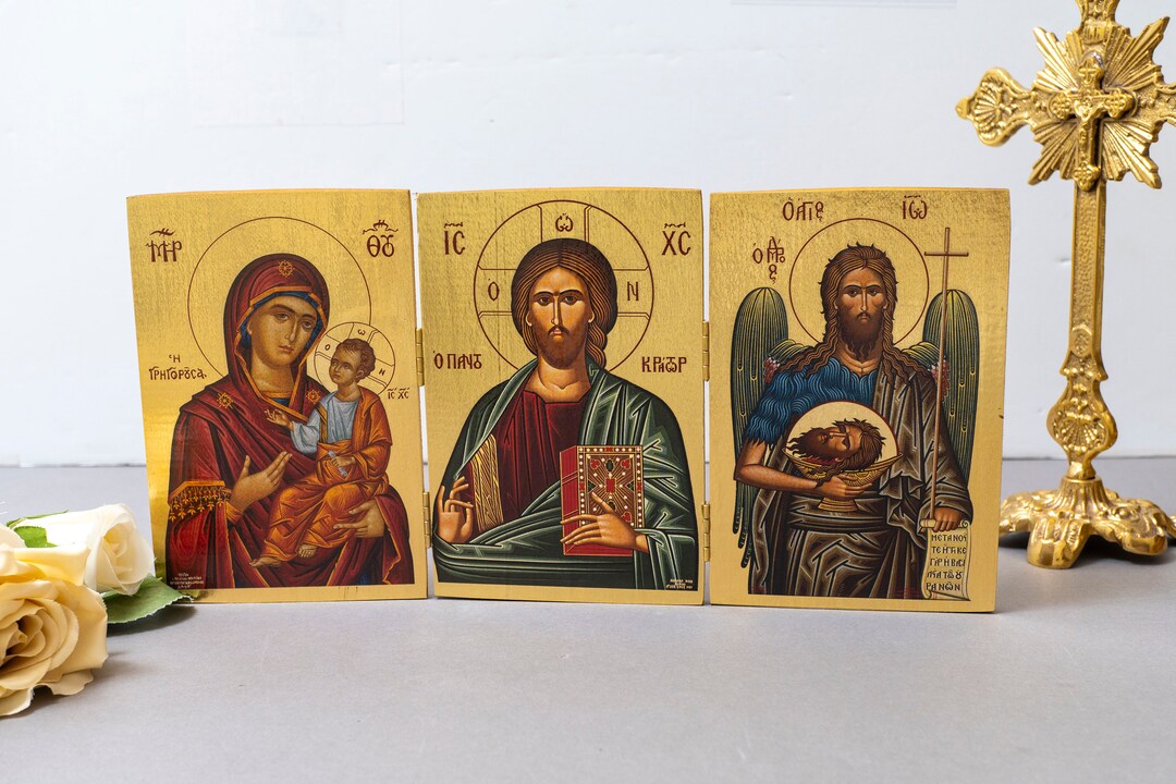 Orthodox Wooden Carved Triptych With Virgin Mary (grigorousa)- Jesus ...