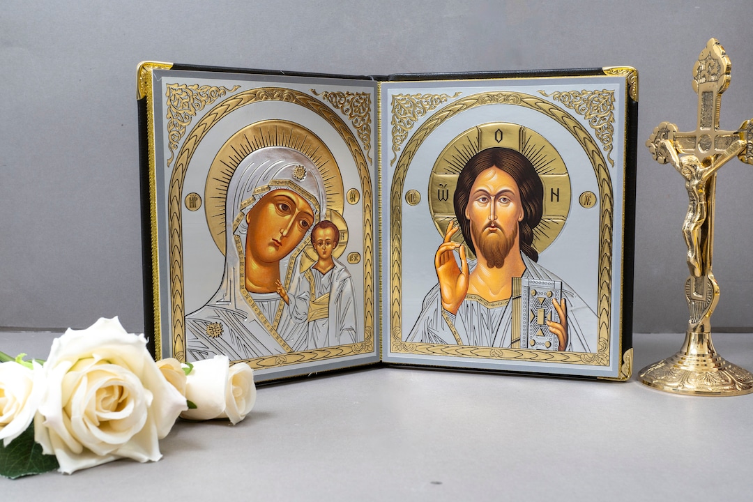 Diptych Icon With Majestic Depiction of Jesus Christ and Virgin Mary in ...